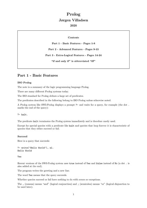 Prolog Notes Of The Curriculum Prolog Jørgen Villadsen 2020 Contents
