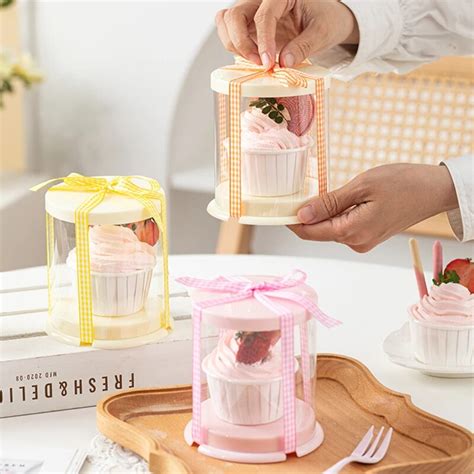 둥근 투명 케이크 상자 2 인치 투명 베이커리 패키지 선물 상자 컵케이크 쿠키 상자 운반 키 큰 층용 뚜껑 포함 10 개