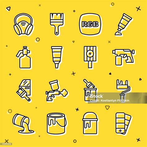 라인 색상 팔레트 가이드 페인트 롤러 브러시 스프레이 건 Rgb 페인트가 있는 튜브 방독면 및 스프레이 캔 노즐 캡 아이콘을