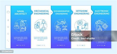 해양 엔지니어링 온보딩 벡터 템플릿 해군 건축가 해양 학 연구 보트 기계 아이콘이 있는 반응형 모바일 웹사이트 웹 페이지 연습 단계 화면 Rgb 색상 개념 개발에 대한 스톡