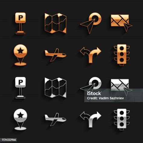 비행기 도시지도 내비게이션 신호등 도로 교통 표지판 별이있는지도 포인터 도시 인포 그래픽 주차 및 접힌 아이콘을 설정합니다 벡터 거리에 대한 스톡 벡터 아트 및 기타 이미지