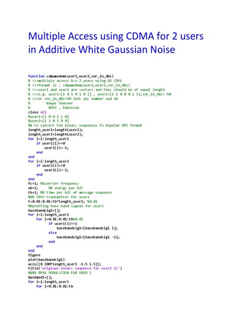 Multiple Access Using Cdma For 2 Users In Additive White Gaussian Noise