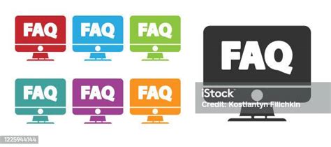 흰색 배경에 격리 된 검은 색 컴퓨터 모니터 및 Faq 아이콘 조정 서비스 설정 유지 보수 수리 고정 다채로운 아이콘을 설정합니다 벡터 일러스트레이션 개념에 대한 스톡 벡터