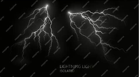 밝은 흰색 격리된 벡터 번개 Png 현실적인 자연 번개 효과 검정색 배경 프리미엄 벡터