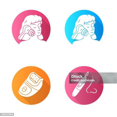 뷰티 장치 평면 디자인 긴 그림자 문고 아이콘 세트 얼굴 마사지기 클리닝 브러쉬 제모기 및 코 헤어 트리머 화장품 악기 미용