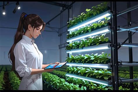 Smart Farming Concept Woman Farmer Controlling Vertical Agriculture Premium AI Generated Image