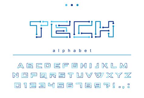 회로 기하학적 글꼴입니다 디지털 기술 미래지향적 미래 테크노 알파벳 컴퓨터 전자 칩 기술 로고 디자인에 대한 문자 및 번호 컴퓨터 글자에 대한 스톡 벡터 아트 및 기타