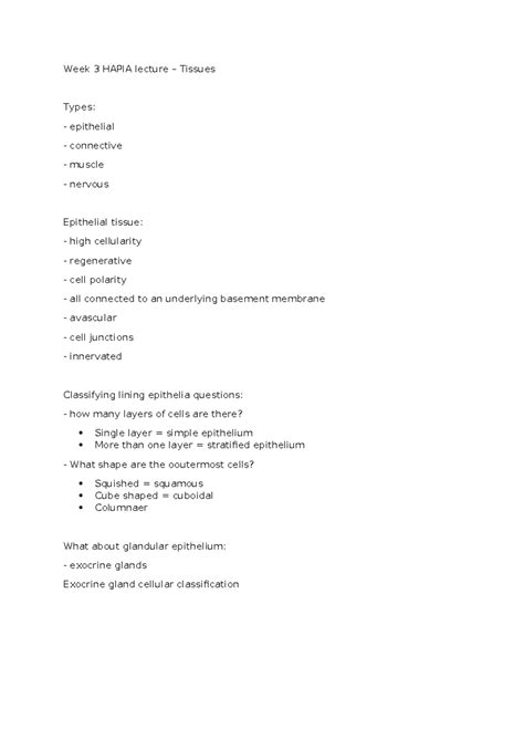 Week 3 Hapia Lecture Tissues Week 3 Hapia Lecture Tissues Types Epithelial Connective