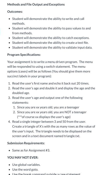 Solved Methods And File Output And Exceptions Outcomes •