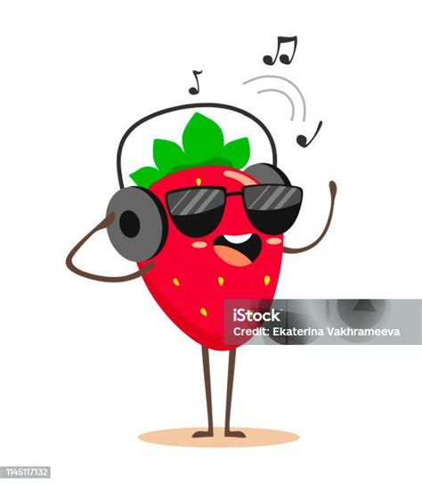 선글라스와 헤드폰에 재미와 만화 딸기 음악을 청취 평면 스타일의 벡터 일러스트입니다 딸기에 대한 스톡 벡터 아트 및 기타 이미지 딸기 등장인물 음악 Istock