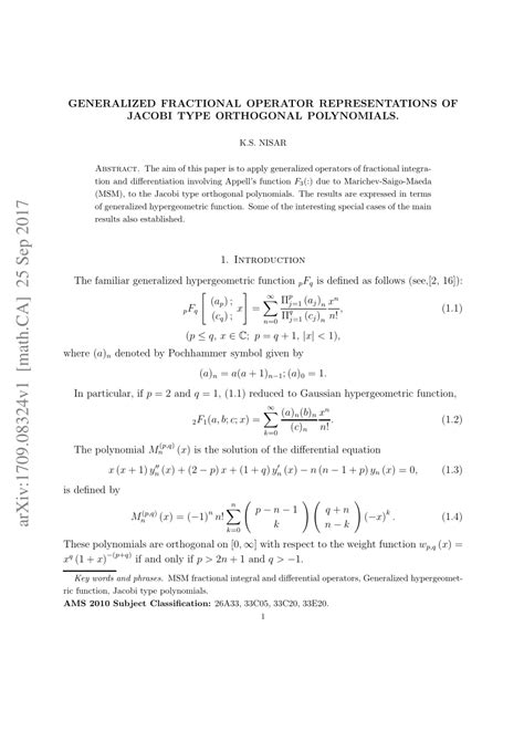 Pdf Generalized Fractional Operator Representations Of Jacobi Type Orthogonal Polynomials