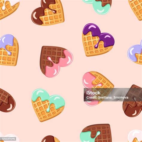 딸기 민트 초콜릿 유약이 있는 하트 모양의 와플 발렌타인 데이 원활한 패턴 직물 포장 벽지에 대한 질감 장식 인쇄 와플에 대한