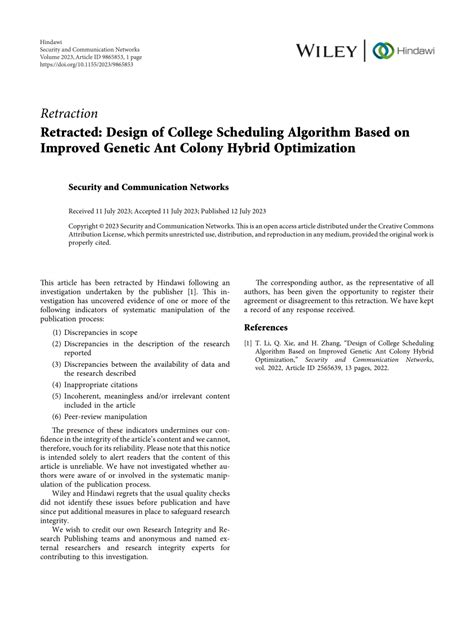 pdf retracted design of college scheduling algorithm based on improved genetic ant colony