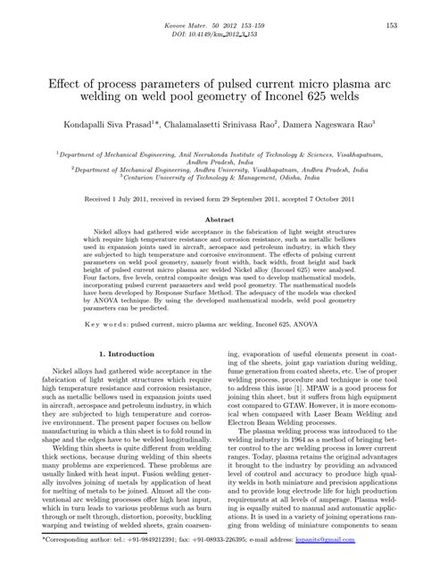 Pdf Effect Of Process Parameters Of Pulsed Current Micro Plasma Arc Welding On Weld Pool