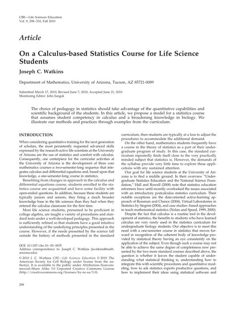 Pdf On A Calculus Based Statistics Course For Life Science Students