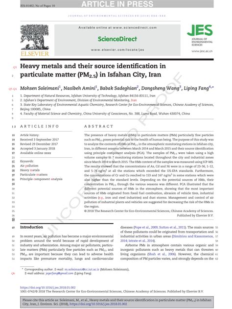 Pdf Heavy Metals And Their Source Identification In Particulate Matter Pm 25 In Isfahan
