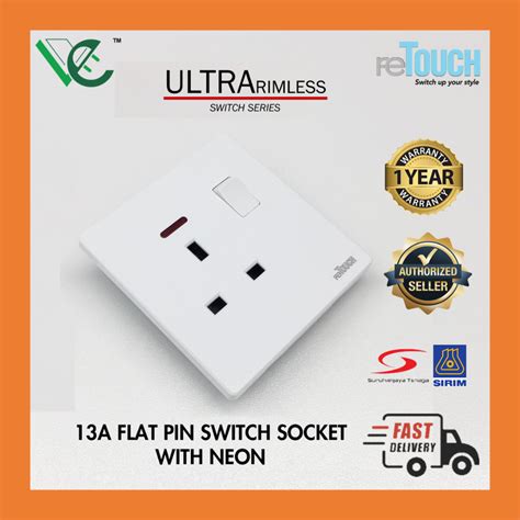 Retouch Ultra Rimless 13a Flat Pin Switch Socket With Neon Frameless
