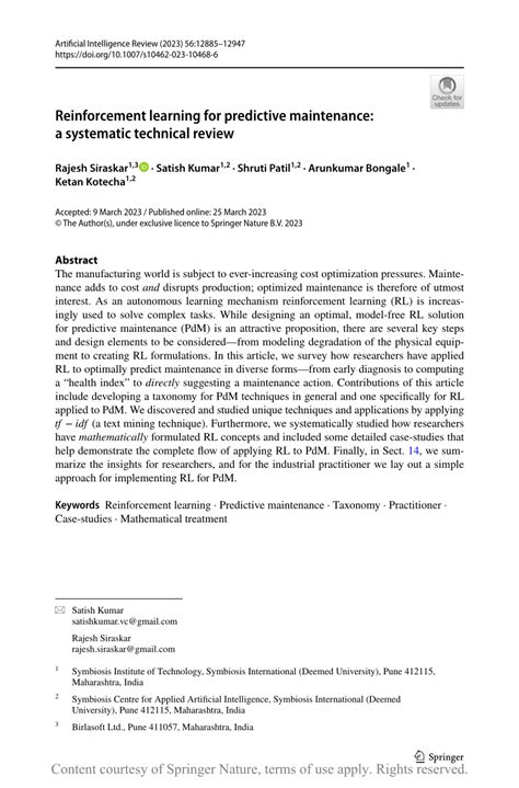 Reinforcement Learning For Predictive Maintenance A Systematic Technical Review Request Pdf