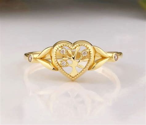 Gold Heart Tree Ring Heart Diamond Ring Tree Of Life Ring Silver Promise Ring With Heart