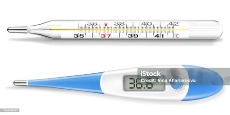 인체의 온도를 결정하기위한 의료 온도계 수은 및 전자 온도계 벡터 3d 사실적인 그림 3차원 형태에 대한 스톡 벡터 아트 및 기타 이미지 3차원 형태 감기와 독감