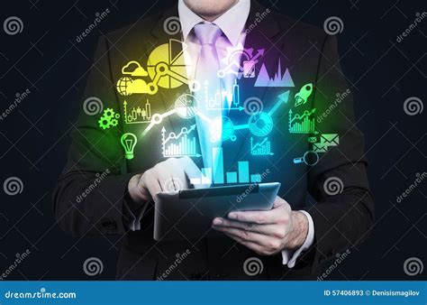 Businessman Editing The Annual Report Charts Working On A Tablet Computer Stock Image Image