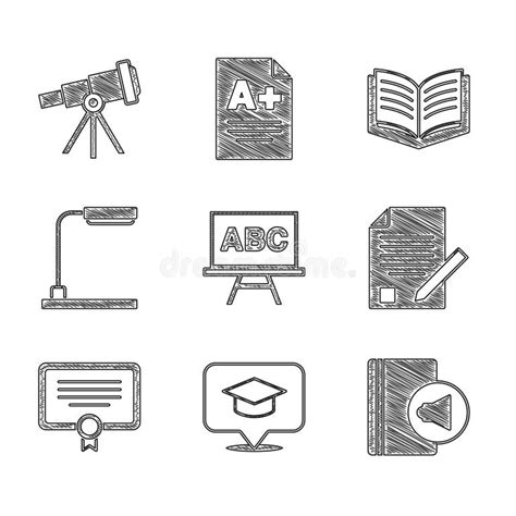 Set Chalkboard Graduation Cap In Speech Bubble Audio Book Exam Sheet And Pencil Certificate