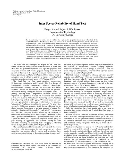Pdf Inter Scorer Reliability Of Hand Test