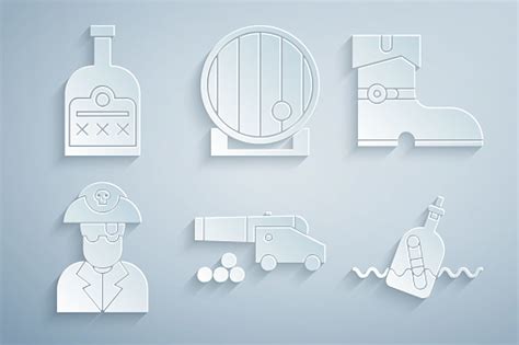 대포 가죽 해적 부츠 해적 선장 병 메시지 물 나무 배럴과 알코올 음료 럼 병 아이콘캐논을 설정합니다 벡터 3차원 형태에 대한