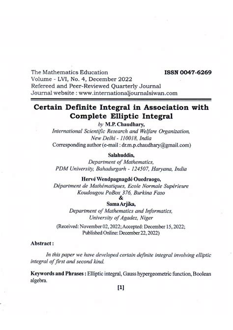 Pdf Certain Definite Integral In Association With Complete Elliptic Integral
