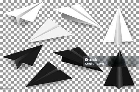 현실적인 종이 비행기와 종이 접기 비행기 흑백 아이콘 세트 수제 흑백 종이 비행기 투명한 배경에 격리된 비행기의 3d 모델eps 10의 벡터 0명에 대한 스톡 벡터 아트 및