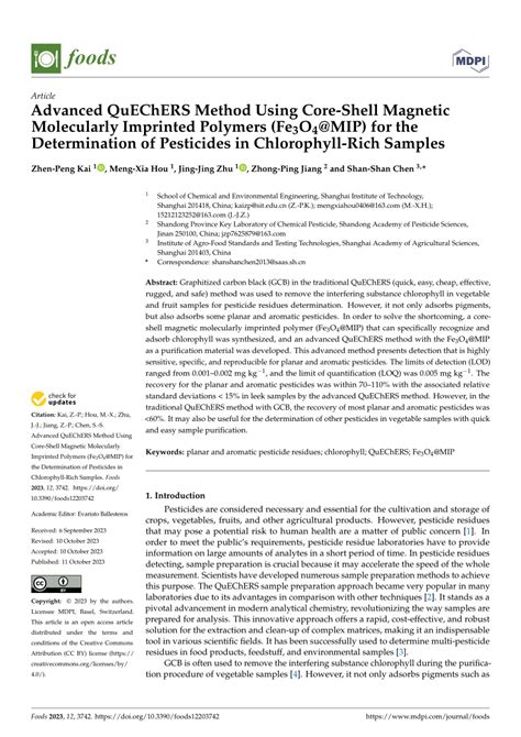 Pdf Advanced Quechers Method Using Core Shell Magnetic Molecularly Imprinted Polymers Fe3o4
