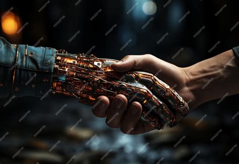 Robot And Man Hands In Handshake Ai Technology Development And Human Robot Relationships
