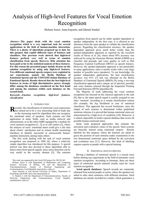 Pdf Analysis Of High Level Features For Vocal Emotion Recognition