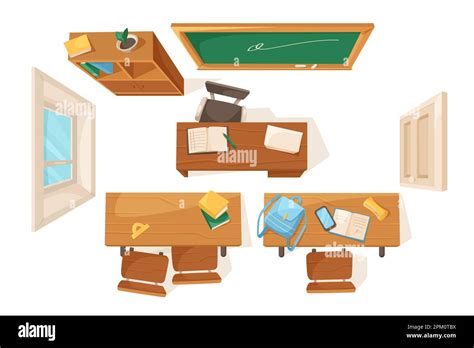 Top View Of Classroom Interior Elements Vector Illustrations Set Stock