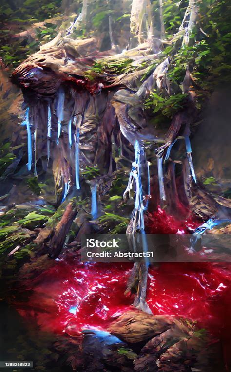 판타지 셀틱 포레스트 피 묻은 폭포 혼합 추상 적 스타일의 예술 초현실적 인 유화 브러시로 그리기 바위에 녹색 잔디 아트웍 스케치입니다 게임 배경 책 표지 및 포스터 0명에