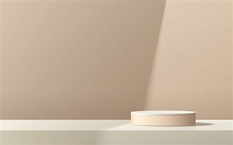 흰색 책상 테이블에 3d 베이지 색 크림 둥근 연단 배경 벽지 미니멀리스트 디자인의 추상적 구성 스튜디오 디스플레이 쇼룸 화장품 스탠드 제품 받침대 패션 무대 쇼케이스 모형