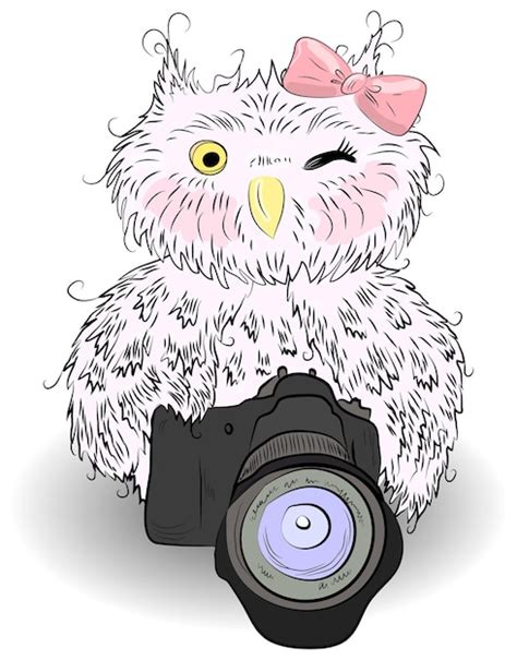 Premium Vector Cute Gray Owl With A Camera And Bow Handdrawing