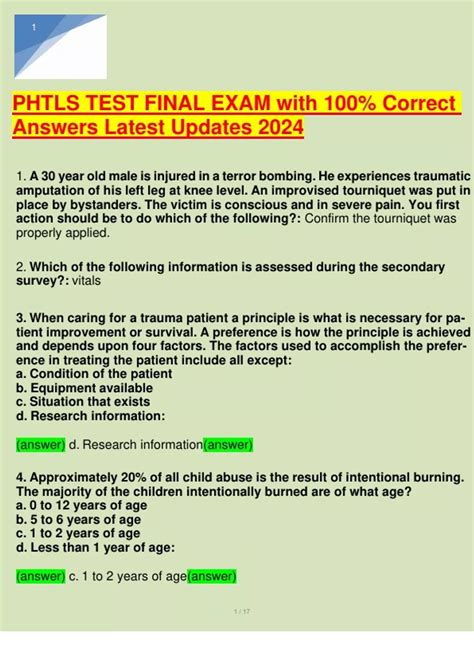 Phtls Test Final Exam With 100 Correct Answers Latest Updates 2024 Phtls Stuvia Us