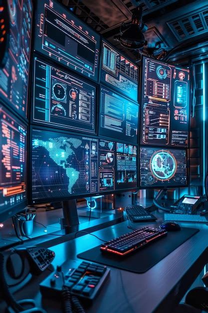 Hightech Workspace With Multiple Screens Holographic Displays And