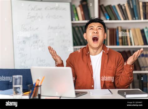 Japanese Teacher Man Shouting Having Professional Burnout Sitting In