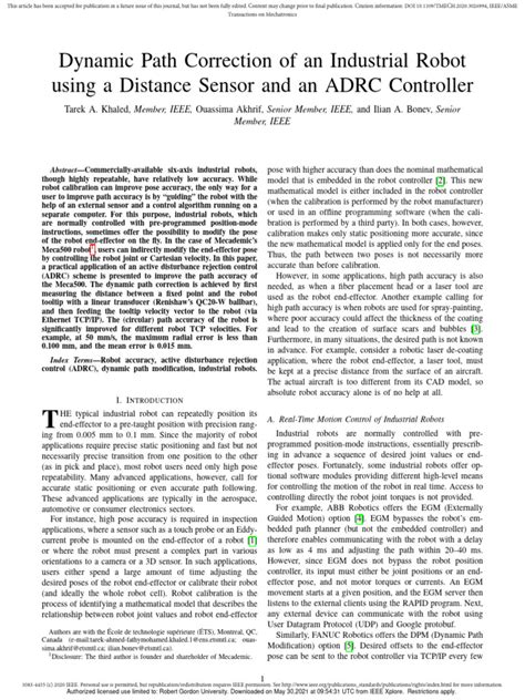 Dynamic Path Correction Of An Industrial Robot Using A Distance Sensor And An Adrc Controller