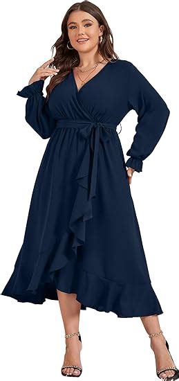 Scomchic Women Plus Size Maxi Dress Long Sleeve Wrap V Neck High Low