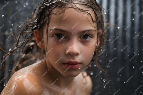 Closeup Portrait Of A Young Girl Getting Wet In A Rain Shower Premium