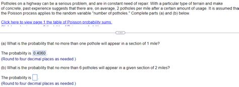 Poisson Probability Sums x 0rp x μ Potholes on a Chegg com