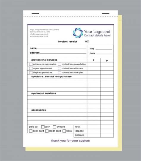 Optician Invoice Receipt A5 Printed Invoice Book