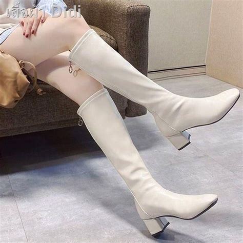 ♧รองเท้าบูทส้นสูงสีขาวผู้หญิง แต่รองเท้าบูทยาวถึงเข่า 2021 รองเท้าบูทใหม่บางเฉียบส้นสูงส้นสูง