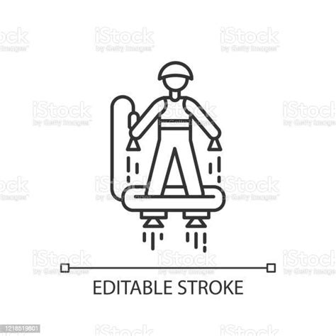 플라이보드 선형 아이콘 가는 선 그림입니다 수상 스포츠 극단적 인 현대 레저 레크리에이션 야외 활동 하이드로 플라이트 스포츠 등고선 기호입니다 벡터 절연 윤곽선 도면 편집