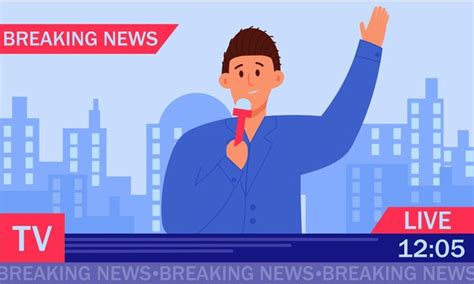 속보 뉴스 Tv 발표자 마이크가 있는 기자는 생방송과 남자 언론을 실시합니다 프리미엄 벡터