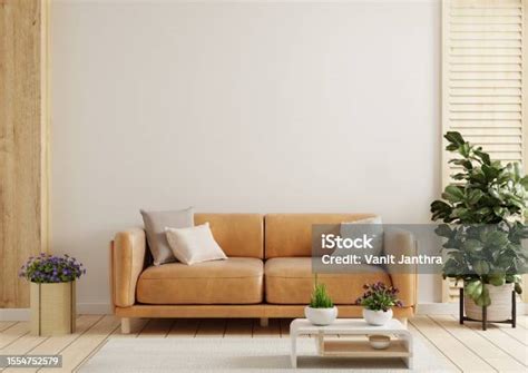 가죽 소파와 흰색 배경에 장식이 있는 현대적인 거실 벽 모형 0명에 대한 스톡 사진 및 기타 이미지 0명 3차원 형태 가구 Istock