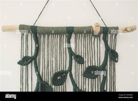 Feuille Verte Branche Macrame Fait Main Mur Artistique Suspendu Fibre Art Décoration Feuille